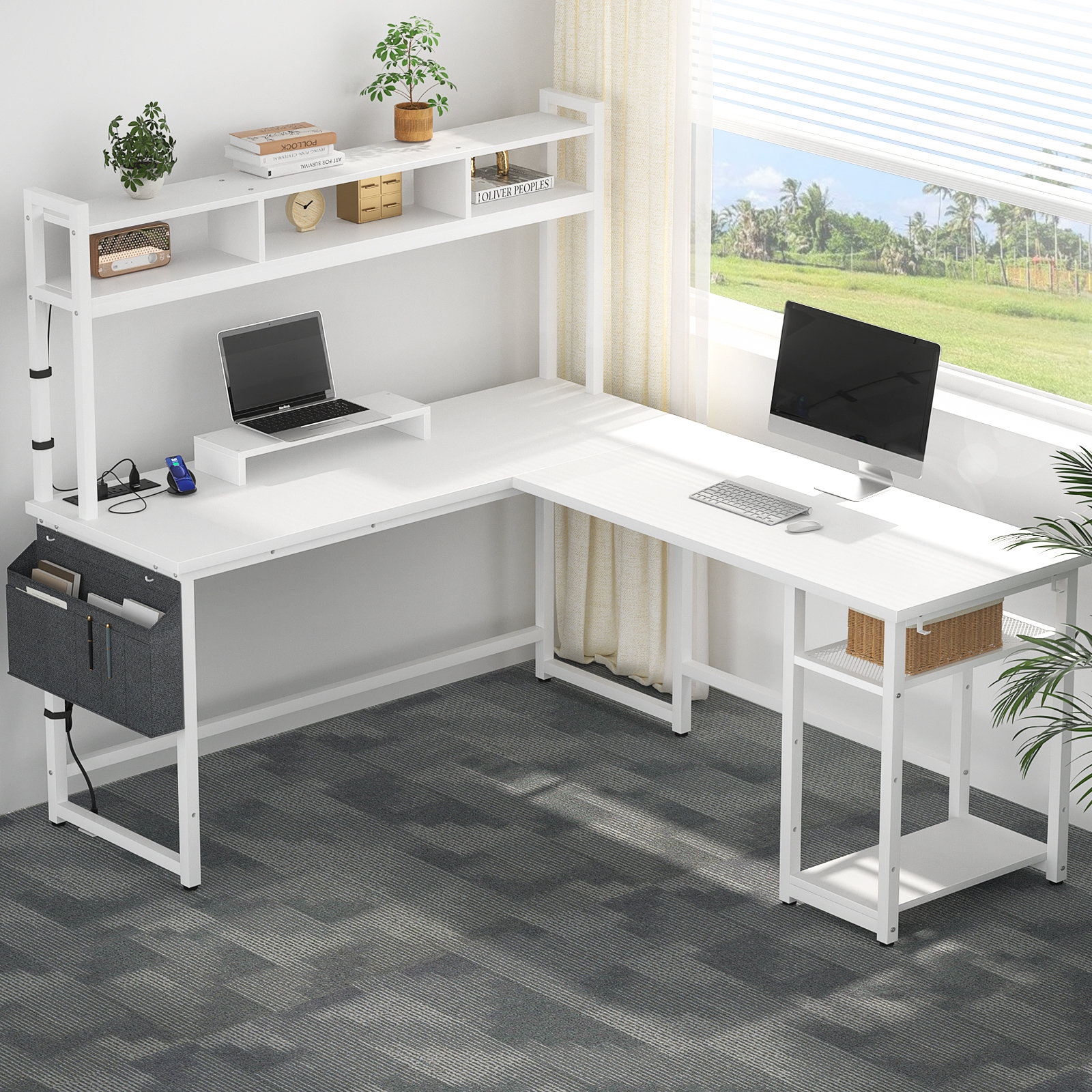 Steinber L Shaped Desk with Hutch Monitor Stand Home Office Desk with Power Outlet LED Light Wrought Studio Color Top Frame White